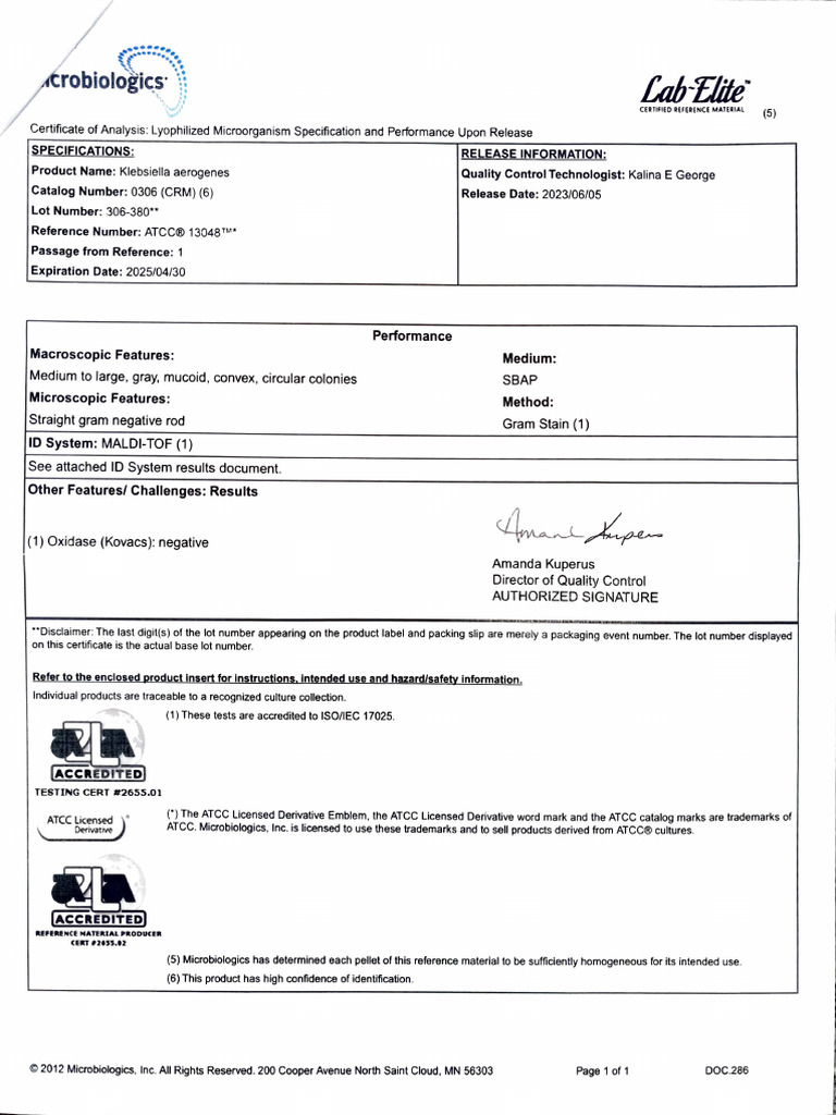 Certificado Do Microorganismo MRC Klebsiella Aerogenes ATCC 13048. | PDF