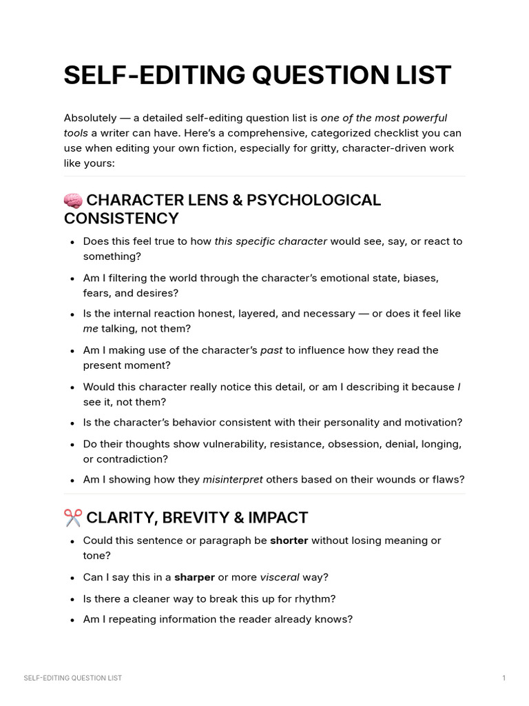 Self-Editing Checklist for Fiction Writers | PDF | Linguistics