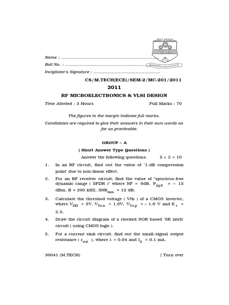 Mtech Ece 2 Sem RF Microelectronics and Vlsi Design v44 2011 | PDF | Cmos | Amplifier