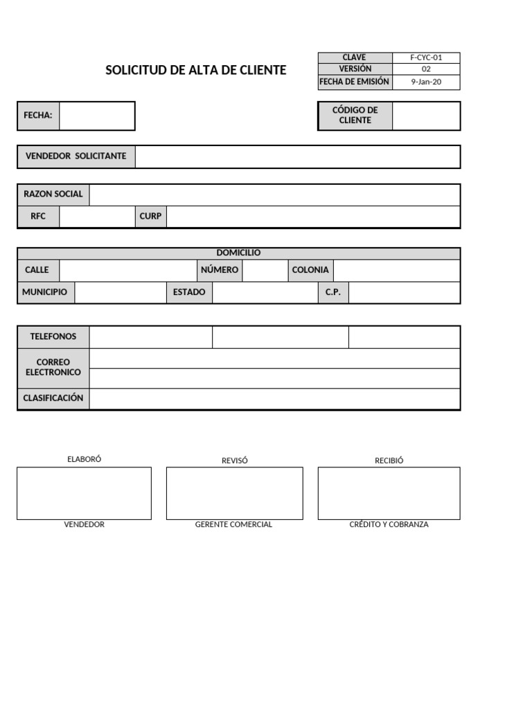 F-CYC-01 Solicitud de Alta de Cliente | PDF