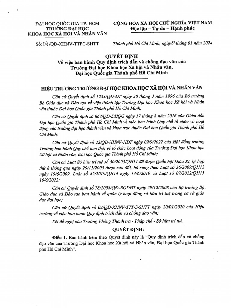 (TTPC-SHTT) Quyết Định Về Việc Ban Hành Quy Định Trích Dẫn Và Chống Đạo Văn Của Trường Đại Học ...