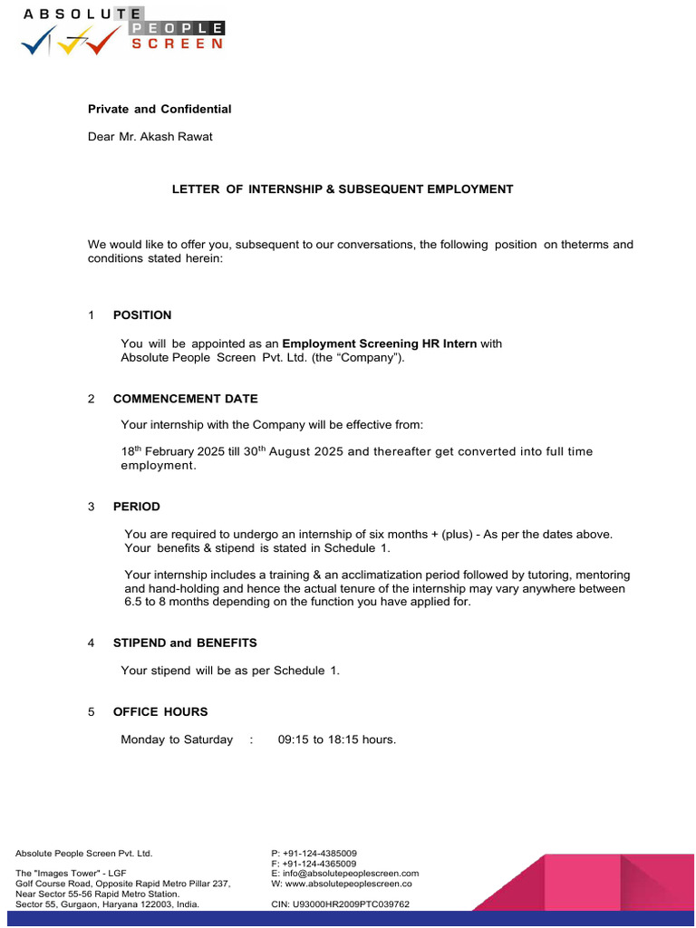 Internship & Employment Offer Letter - Akash Rawat (1) | PDF | Justice | Crime & Violence