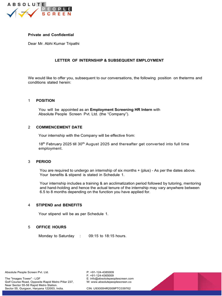 Internship & Employment Offer Letter - Abhi Kumar Tripathi | PDF ...