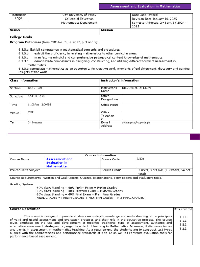 Syllabus For Assessment and Evaluation in Mathematics Syllabus | PDF ...