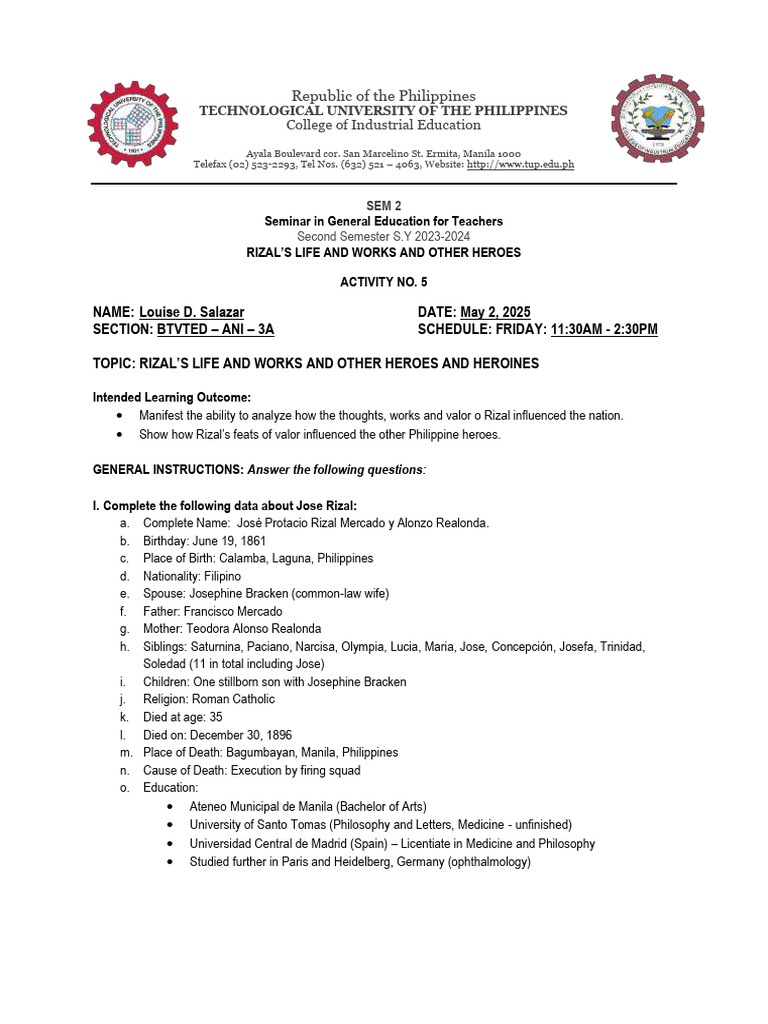 Written Activity No. 5-Rizal Life and Works - Salazar | PDF | Philippines–Spain Relations ...