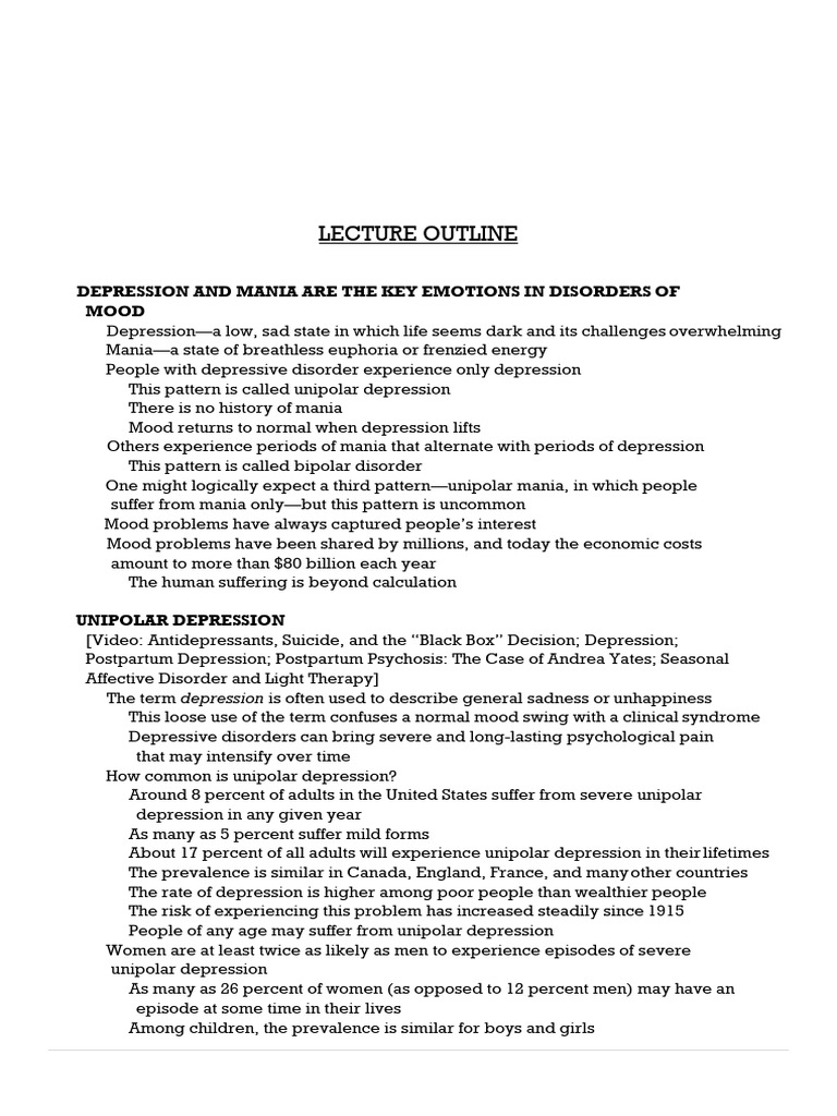 Depressive and Bipolar Disorder (Lecture Outline) - 1 | PDF | Bipolar ...