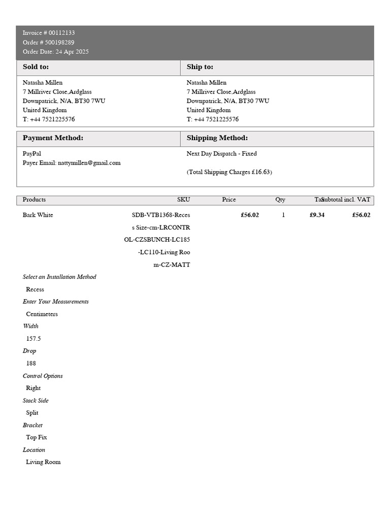Sold To: Ship To:: Order # 500198289 Order Date: 24 Apr 2025 Invoice ...