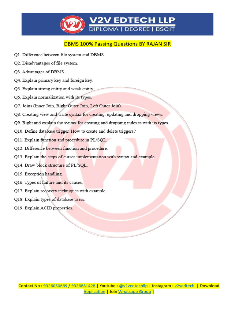 V2V DBMS Passing Questions by Rajan Sir | PDF