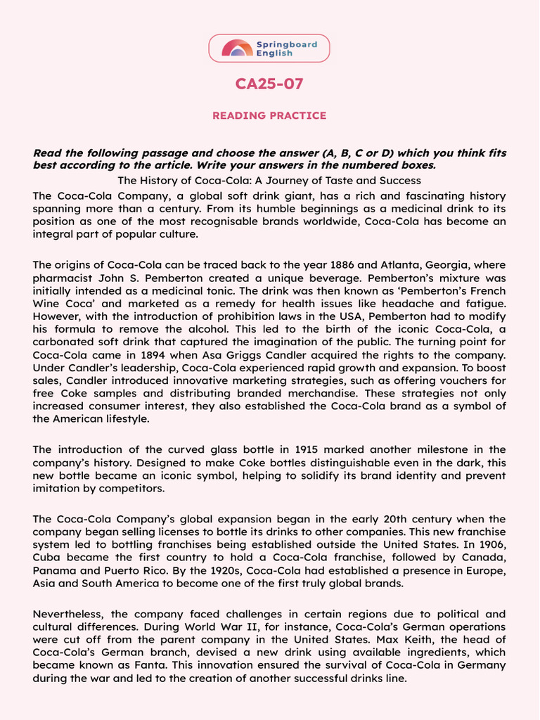 Ca25-07 - Reading For W20 | PDF | Coca Cola | The Coca Cola Company