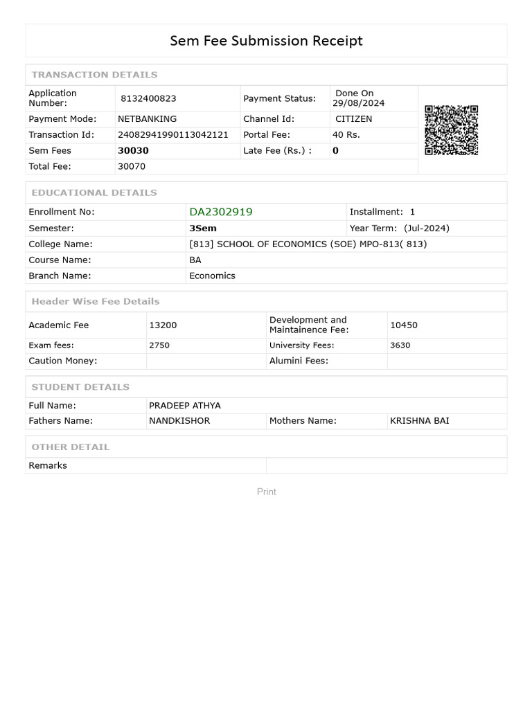 3rdsem Admission Fees Payment Slip - Pradeep | PDF