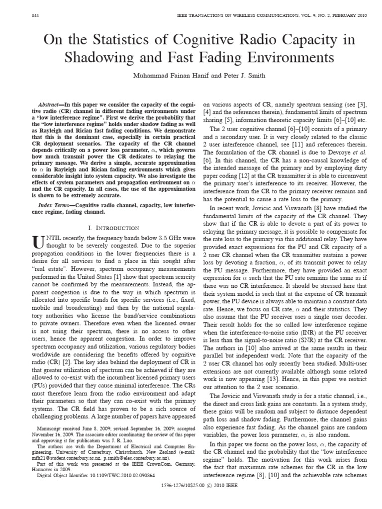 On The Statistics of Cognitive Radio Capacity in Shadowing and Fast ...