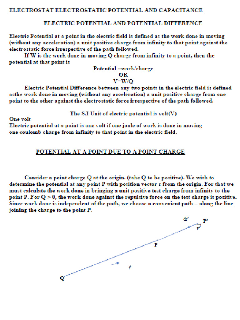 Notes - Electrostatic Potential and Capacitance | PDF