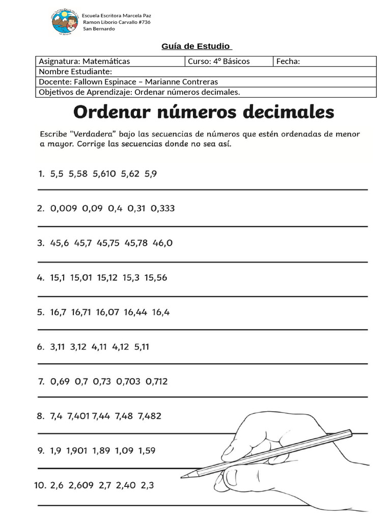Ordenar Números Decimales | PDF