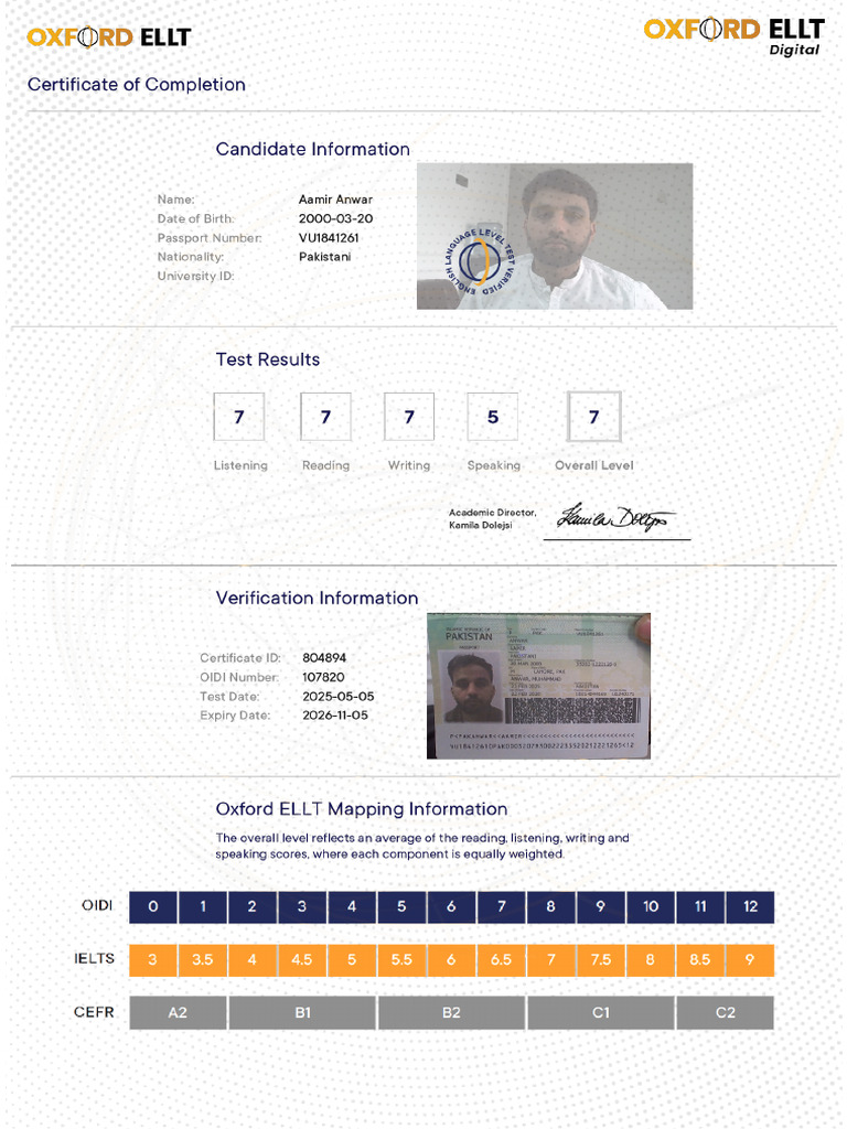 Oxford ELLT Certificate Aamir Anwar 804894 | PDF