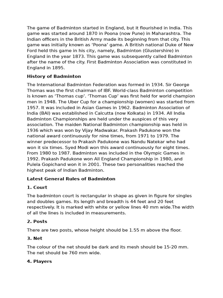 The Game of Badminton - Physical Education | PDF | Sports