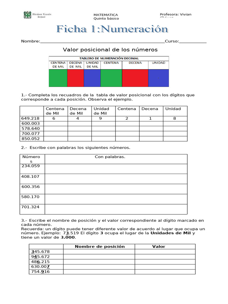 Quinto Grado Hojas De Trabajo Valor Posicional De Varias Cifras Math