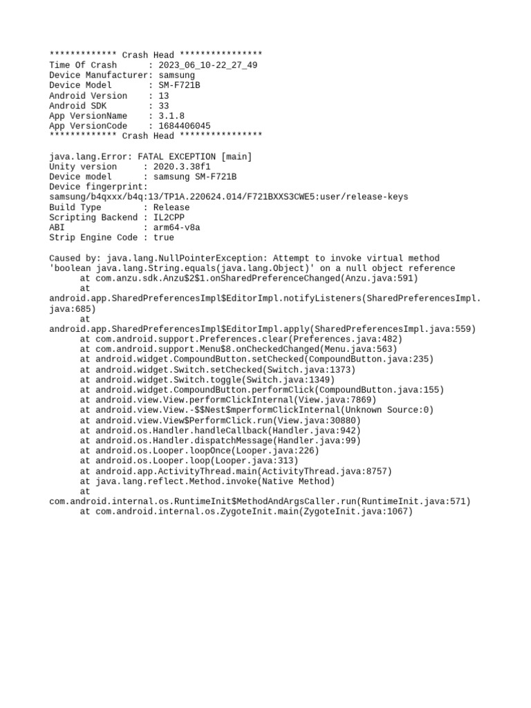 Samsung Crash Report: NullPointerException | PDF