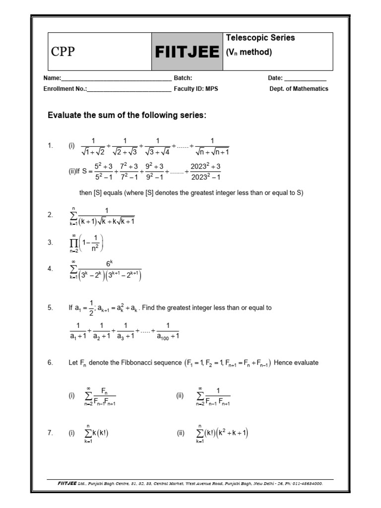 Sequence and Series Summation (By V-N Method and Miscellaneous) | PDF | Summation | Mathematical ...