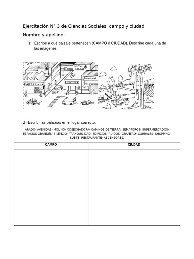 Ejercitación de Ciencias Sociales campo y ciudad | PDF