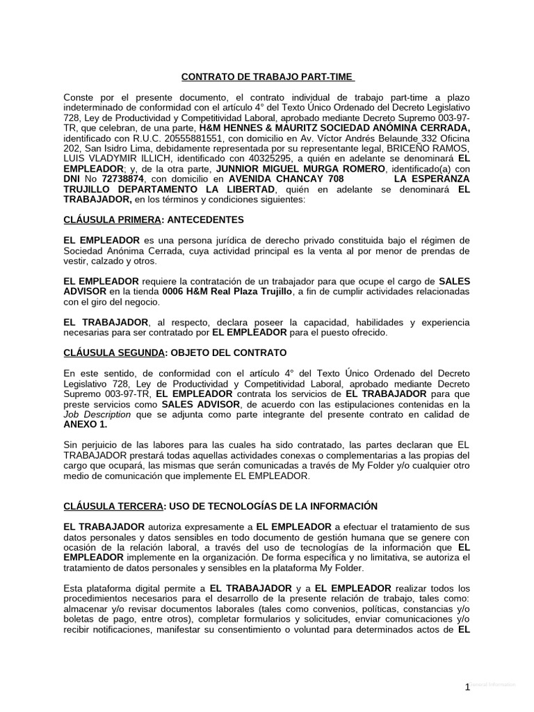 Contrato Part-Time y Uso de My Folder | PDF | Derecho laboral | Tiempo ...