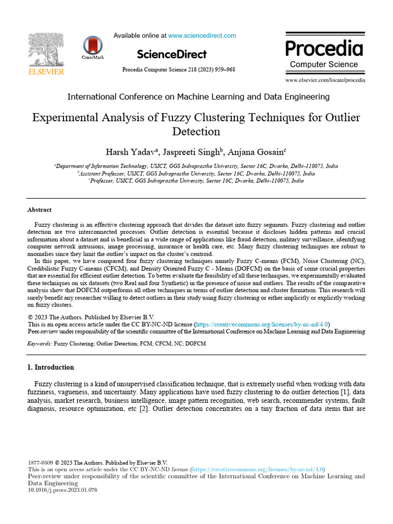 Experimental Analysis of Fuzzy Clustering Techniques - 2023 - Procedia Computer | PDF | Cluster ...