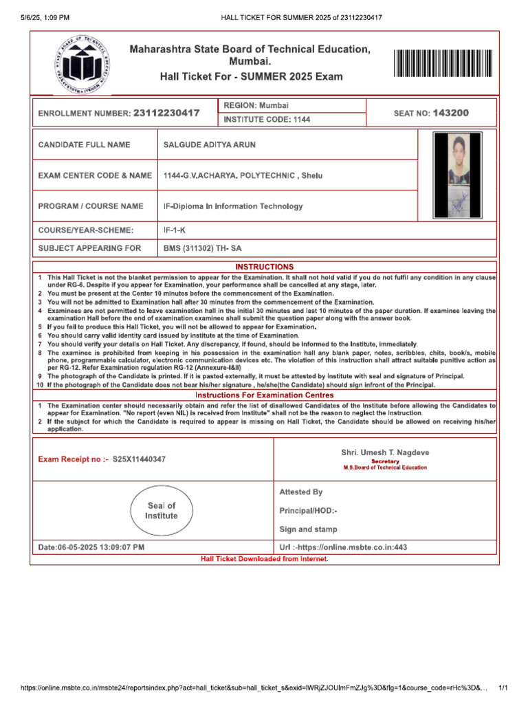 1st Sem Hall Ticket | PDF
