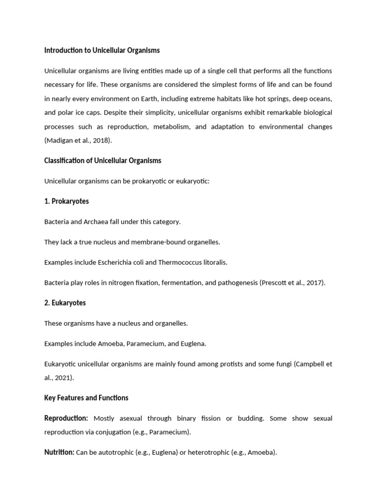 Overview of Unicellular Organisms | PDF | Biology | Organisms