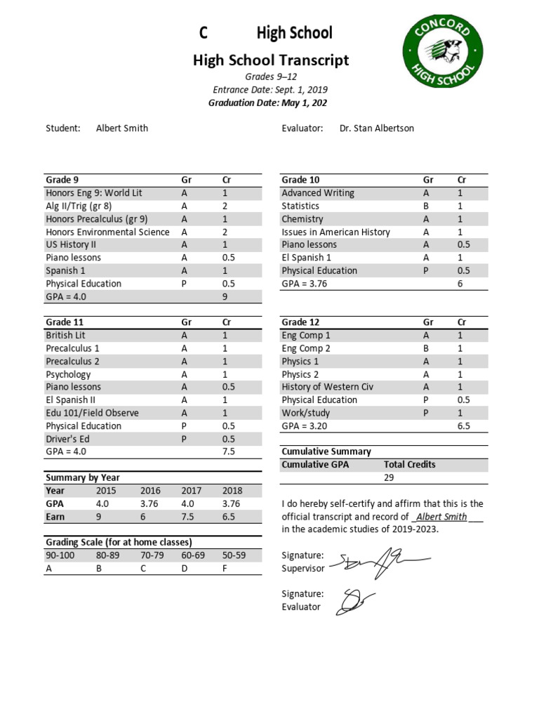concord-school-transcript-example_(1)[1] | PDF | Educational Stages ...