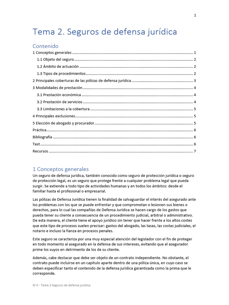M2 - Tema 2 Defensa Jurídica | PDF | Póliza de seguros | Seguro