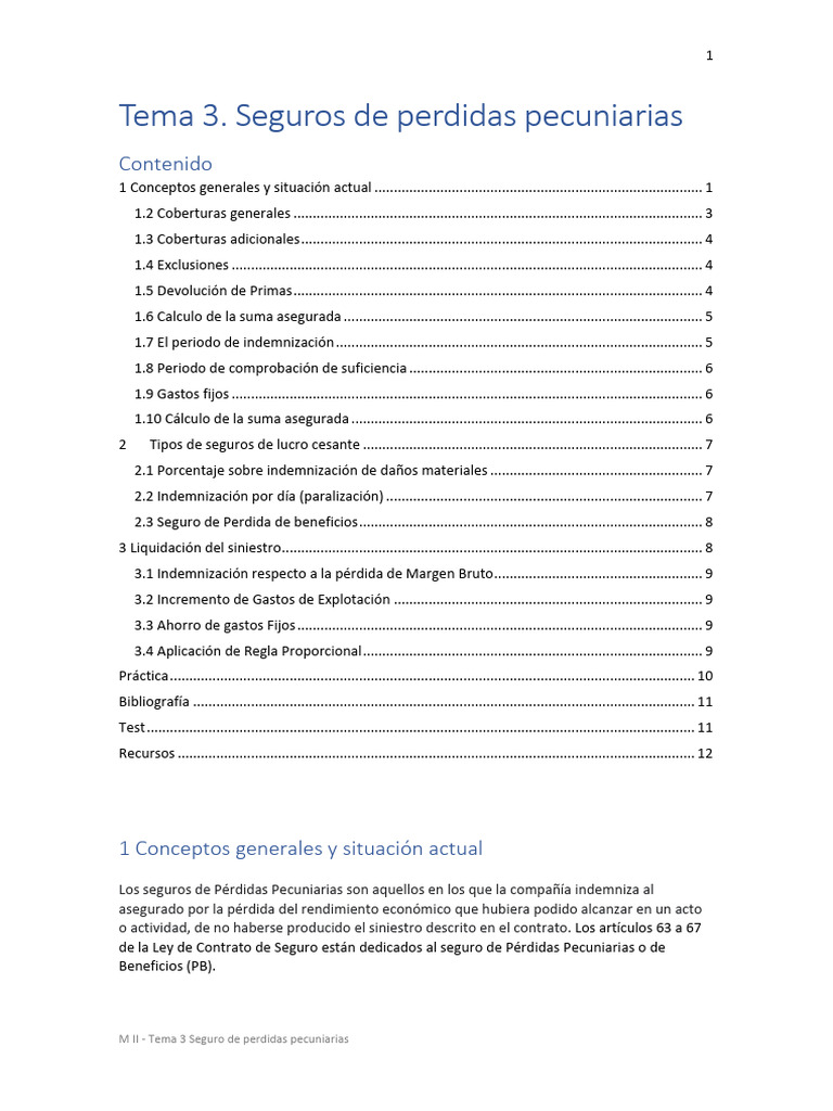 M2 - Tema 3 Pérdidas Pecuniarias | PDF | Seguro | Póliza de seguros