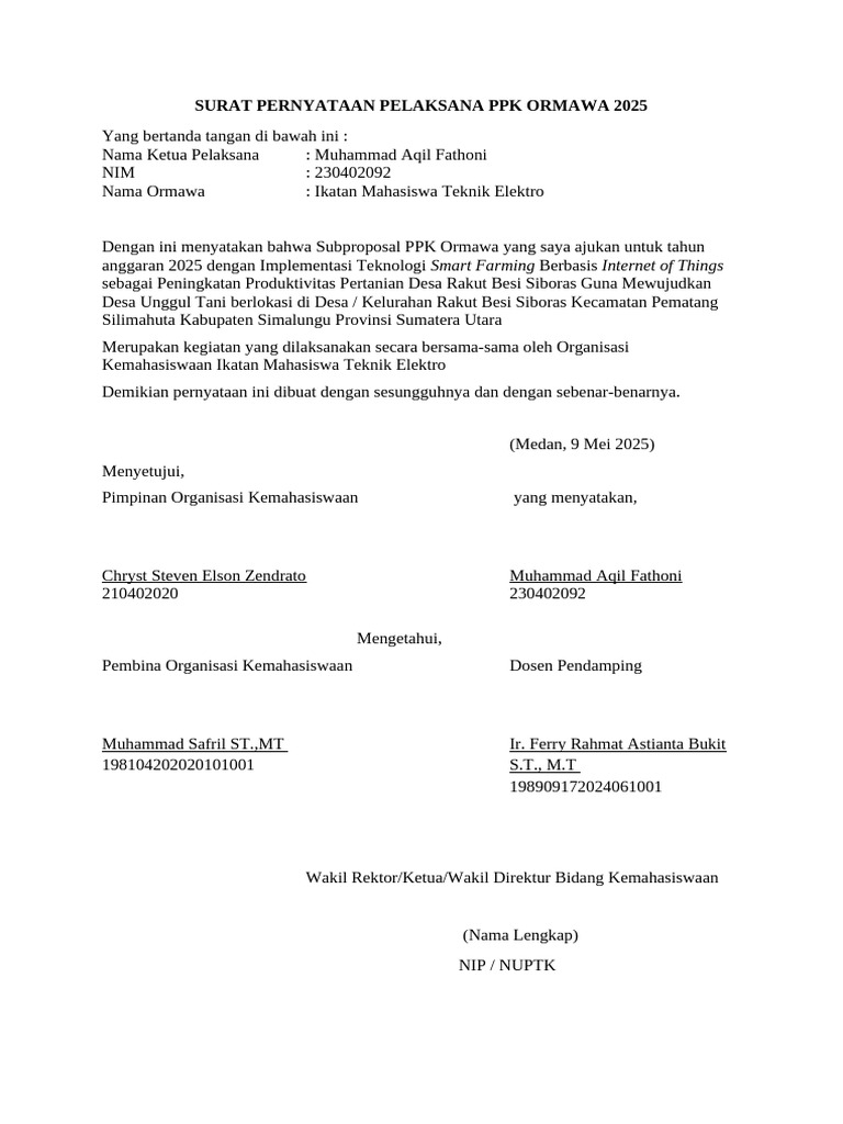 Surat Pernyataan Pelaksana PPK Ormawa 2025 | PDF