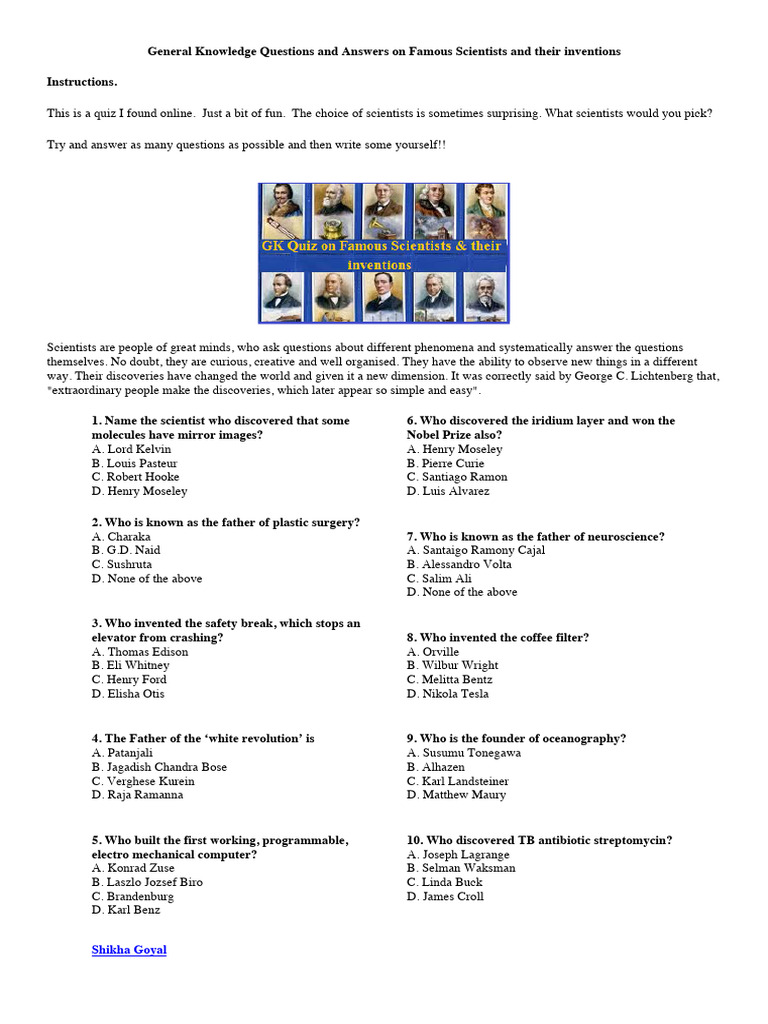 Famous Scientists and Inventions Quiz | PDF