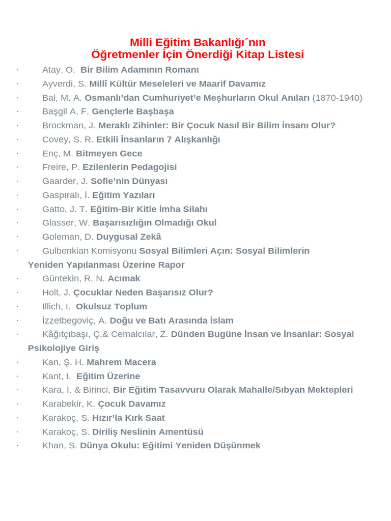 Milli Egitim Bakanligi Nin Ogretmenler Icin Onerdigi Kitap Listesi | PDF