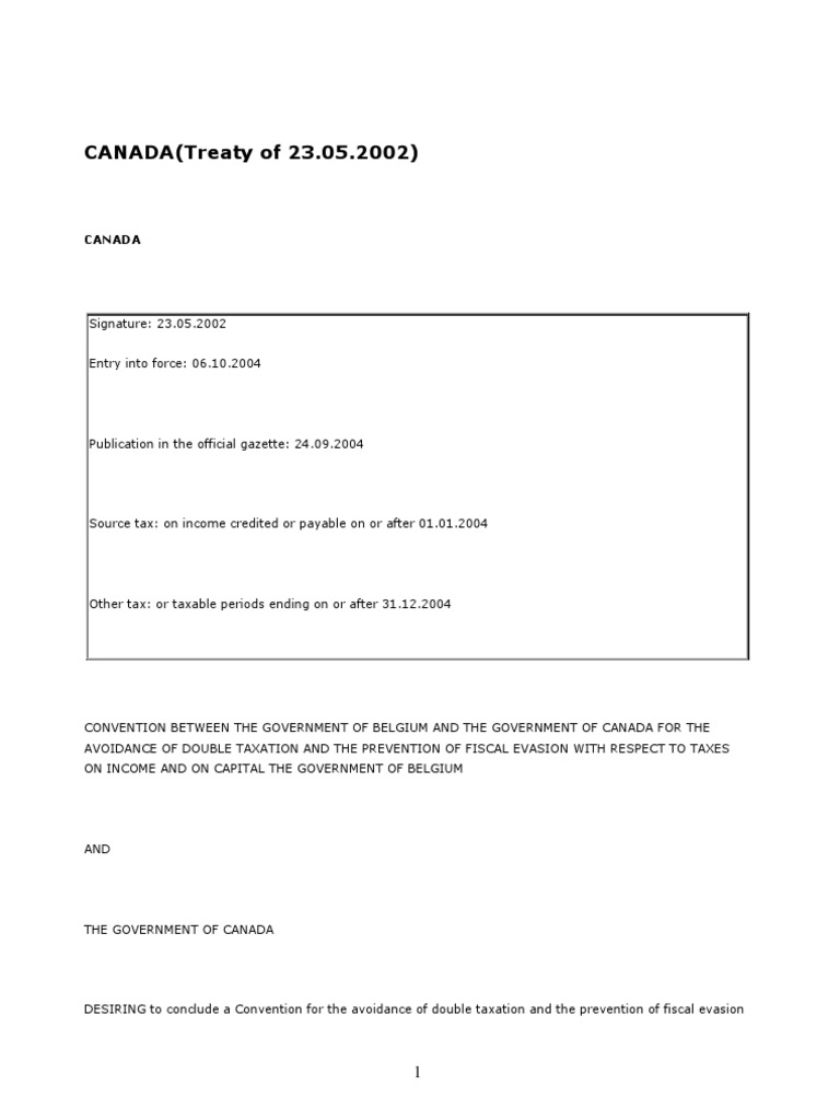 DTC Agreement Between Canada and Belgium | PDF | Taxation In The United ...