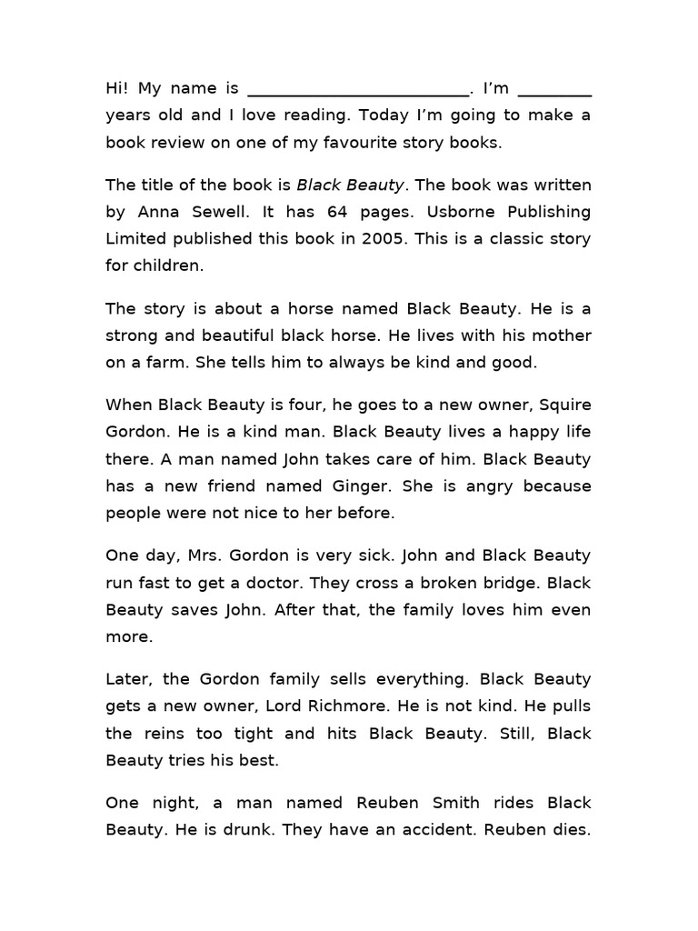 Black Beauty Book Review for Kids | PDF | Black Beauty