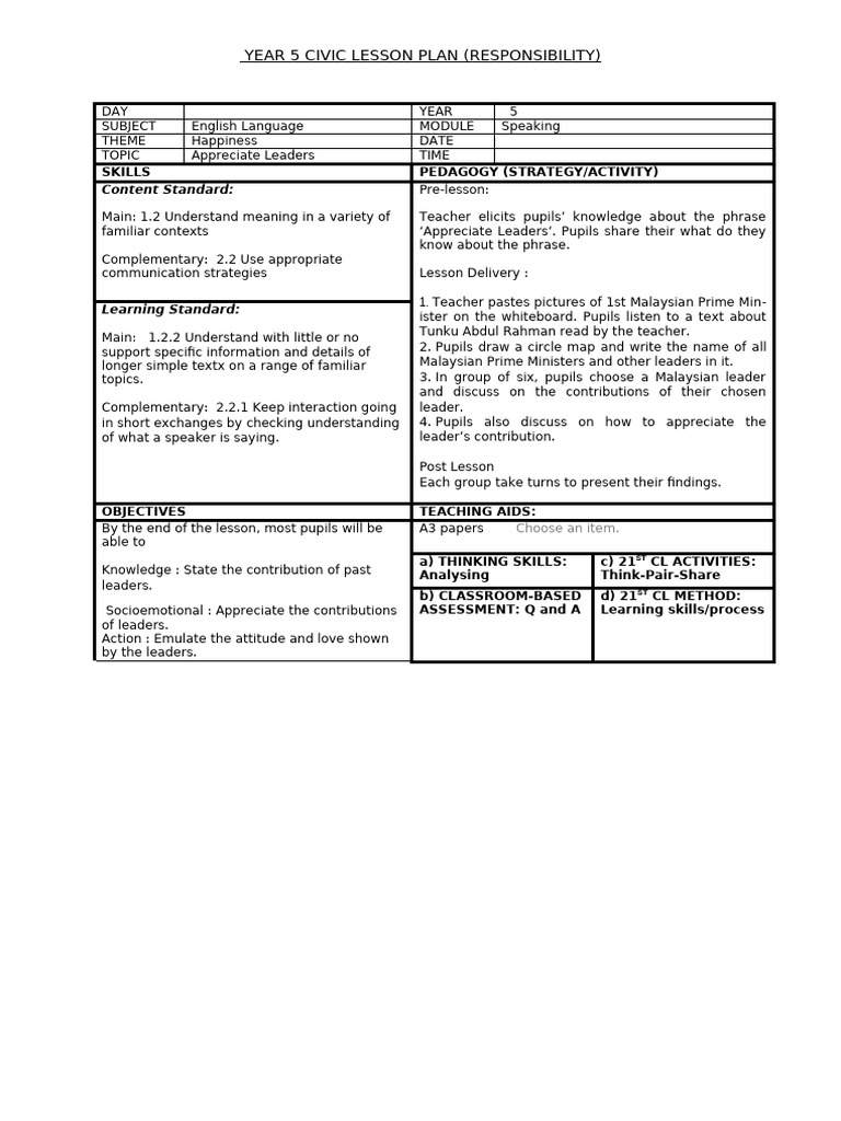 Y6 - HAPPINESS (Appreciate Leaders) | PDF | Teachers | Lesson Plan