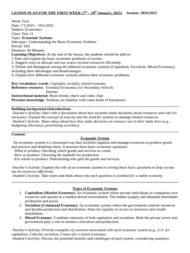 Lesson Note Economics - Year 11 | PDF | Elasticity (Economics) | Supply ...