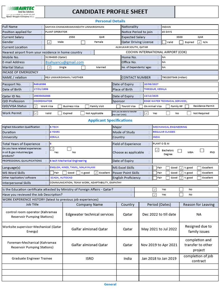 QOC - Candidate Profile Sheet-2025Final | PDF | Travel Visa