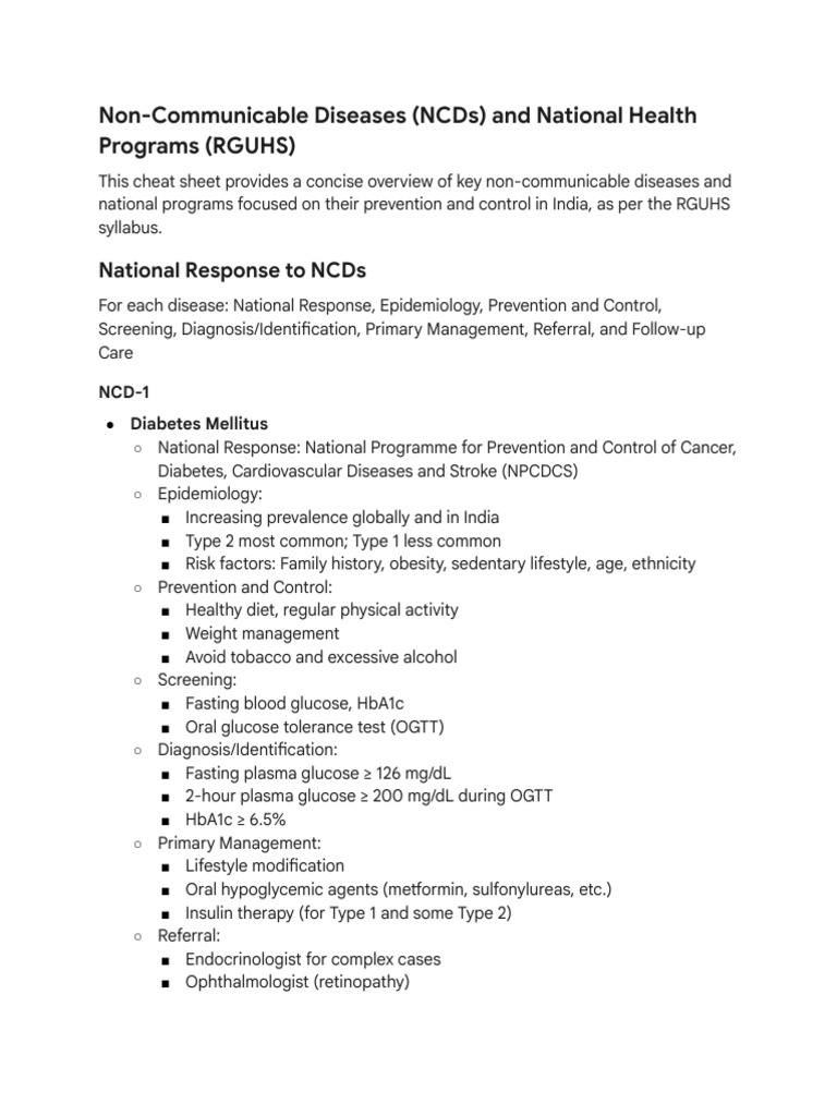 Non-Communicable Diseases and National Health Programs Cheat Sheet ...