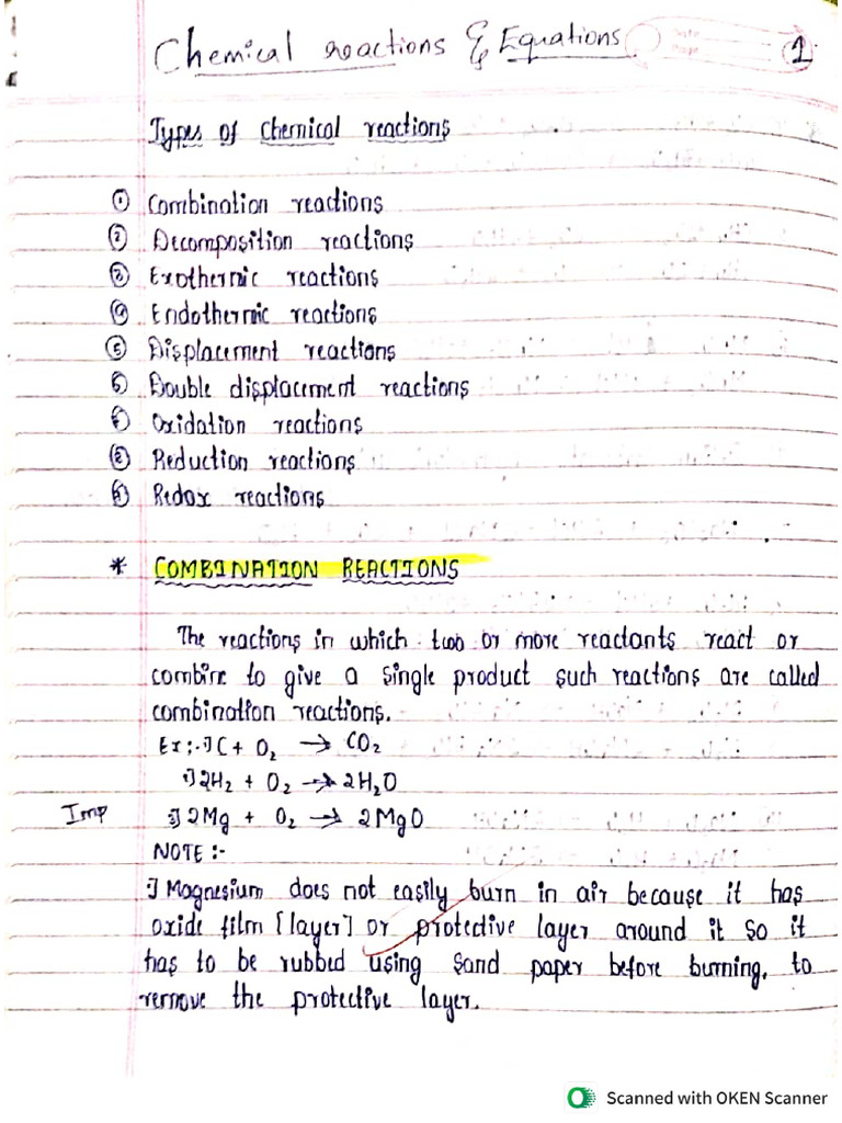 Chemical Reactions and Equations Notes | PDF