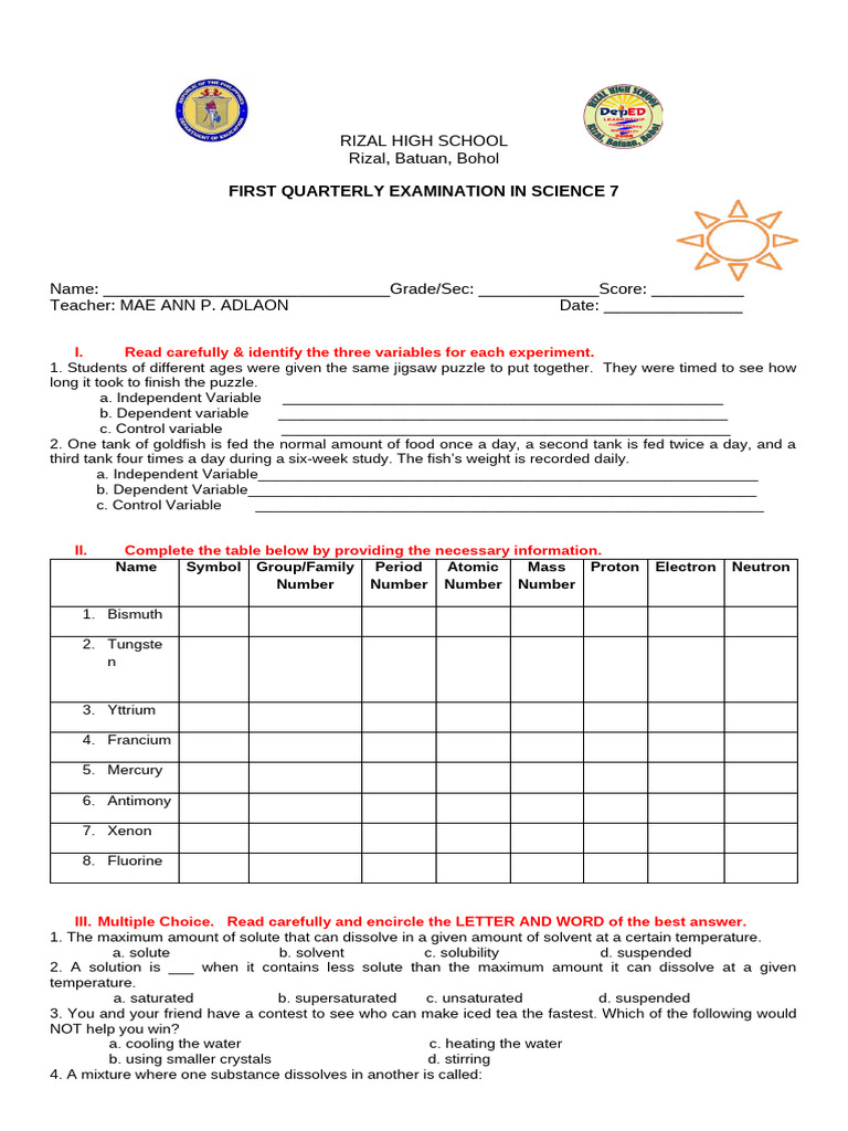 First Quarter Science 7 2022-2023 | PDF | Mixture | Chemical Substances