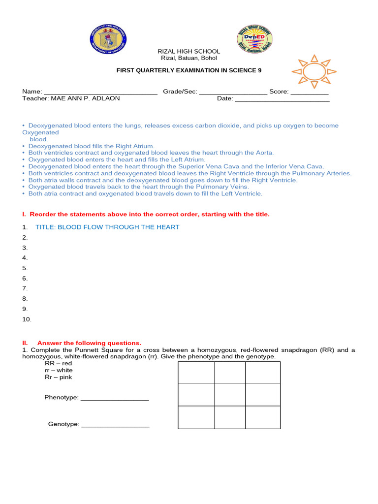 First Quarter Science 9 2022-2023 | PDF | Heart | Dominance (Genetics)