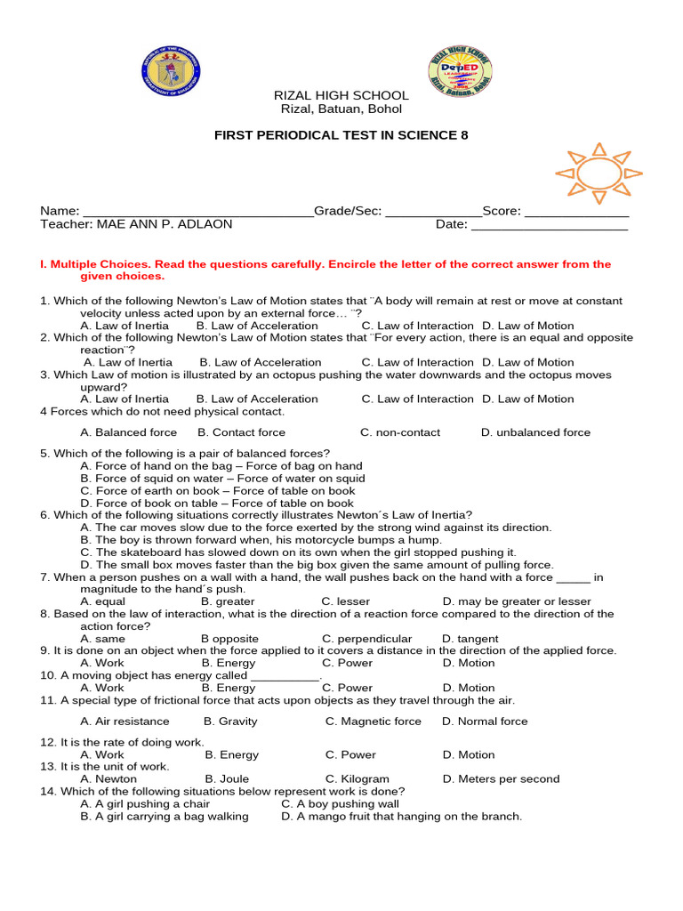FIRST QUARTER SCIENCE 8 2022-2023 | PDF | Force | Newton's Laws Of Motion