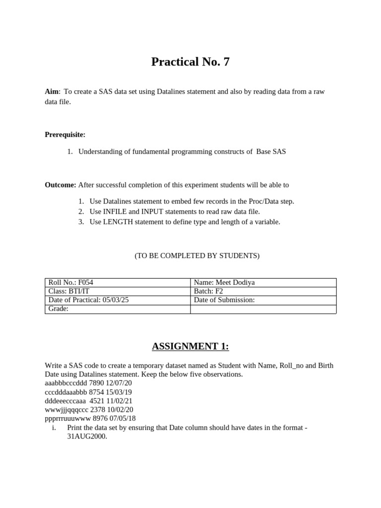 Create SAS Datasets with Datalines & INFILE | PDF | Sas (Software ...