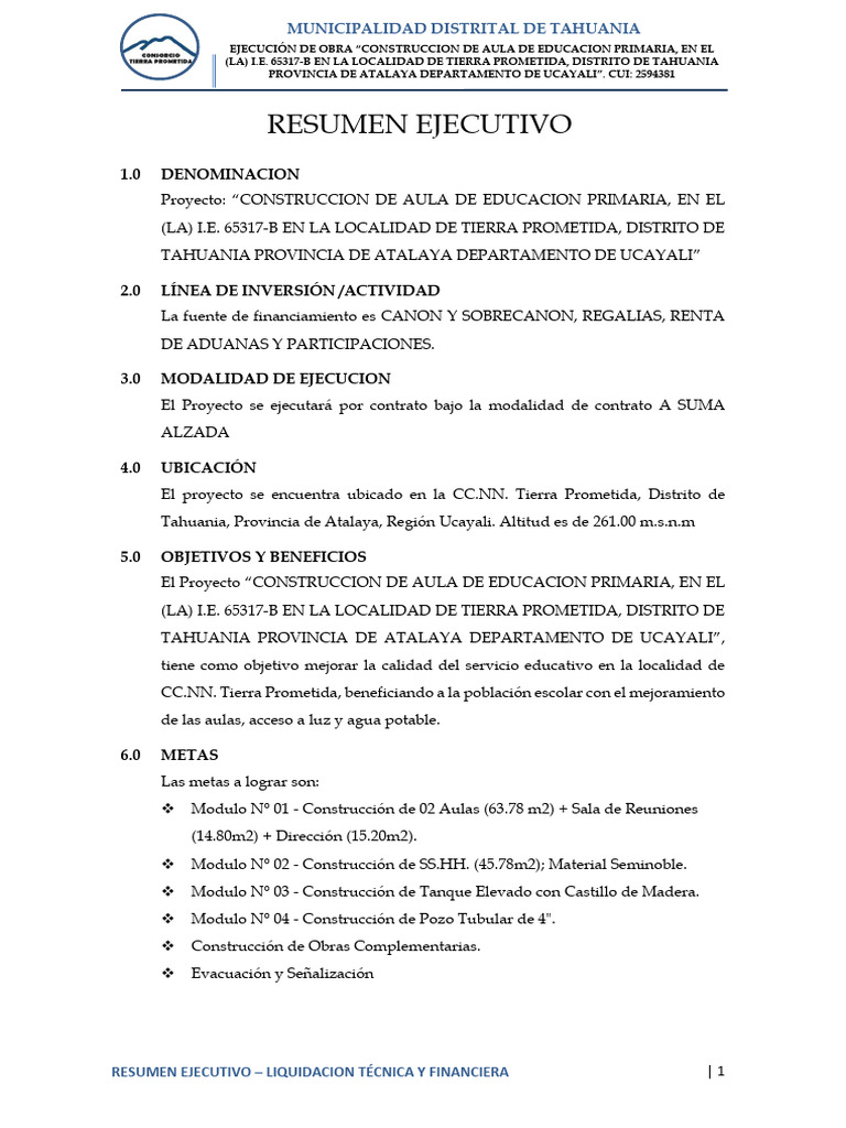 Resumen Ejecutivo Tierra Prometida | PDF | Hormigón | Ingeniería de Edificación