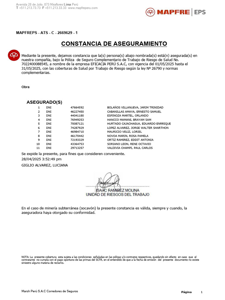 SCTR Constancia 002669629-0001 20250428155251 | PDF | Póliza de seguros | Derecho empresarial