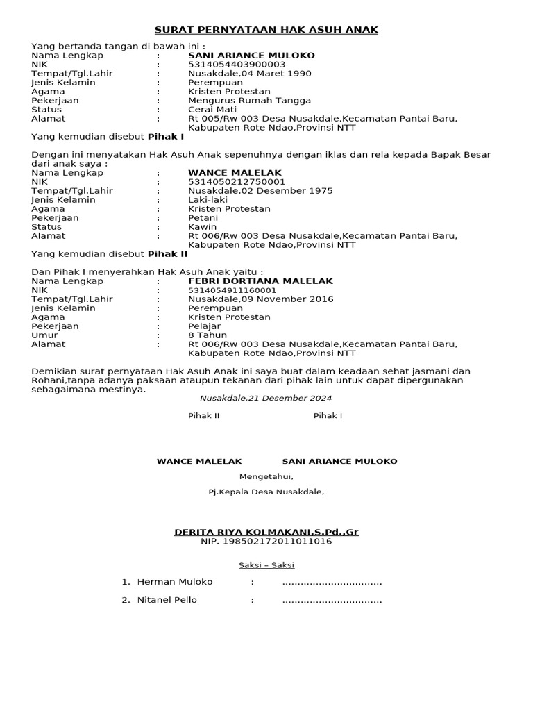 Surat Pernyataan Hak Asuh Anak | PDF
