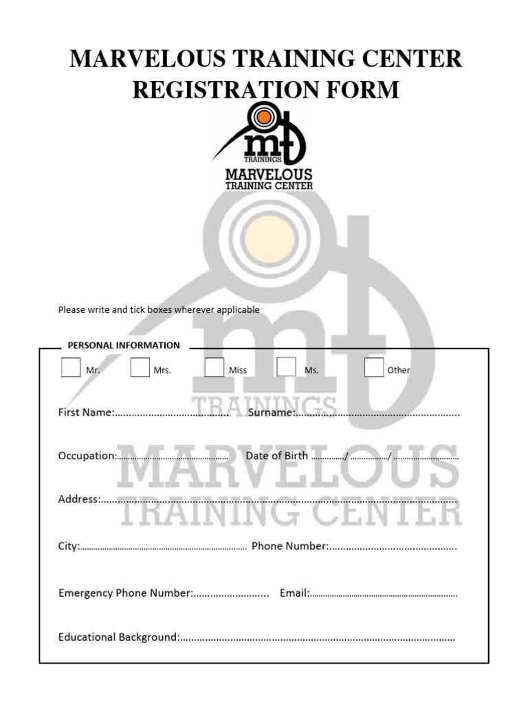 Marvelous Training Center Registration Form | PDF