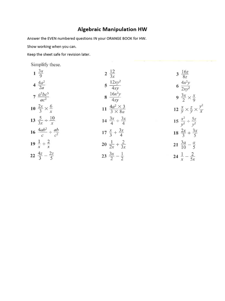 Algebraic Manipulation 1 HW | PDF