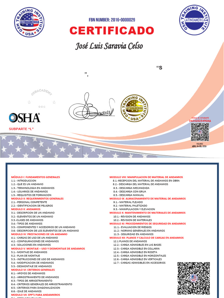 Certif Andamios 0604202549 Jose Saravia | PDF | Administración de Seguridad y Salud Ocupacional ...